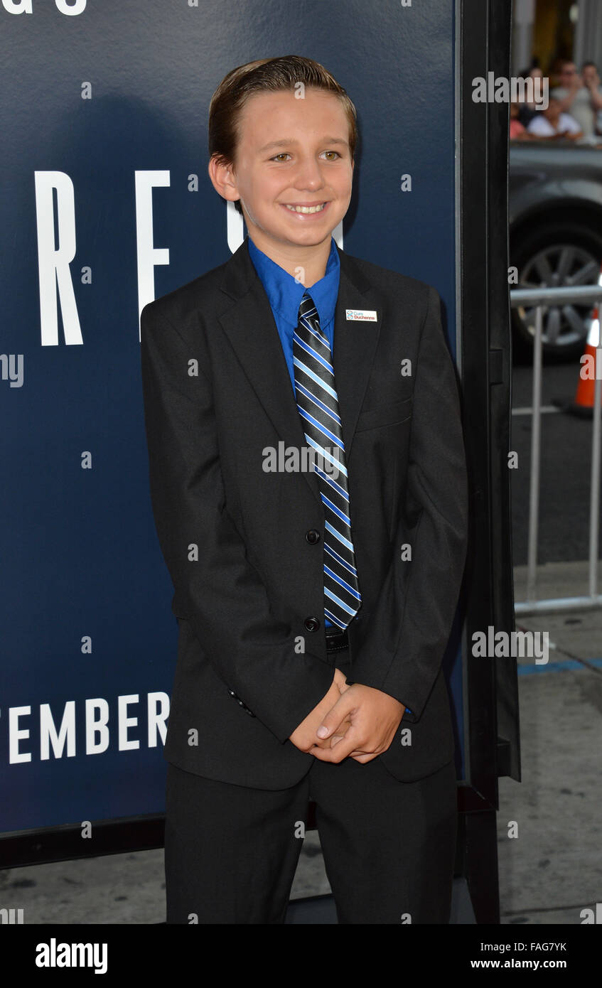LOS ANGELES, CA - SEPTEMBER 9, 2015: Young mountaineer Tyler Armstrong ...
