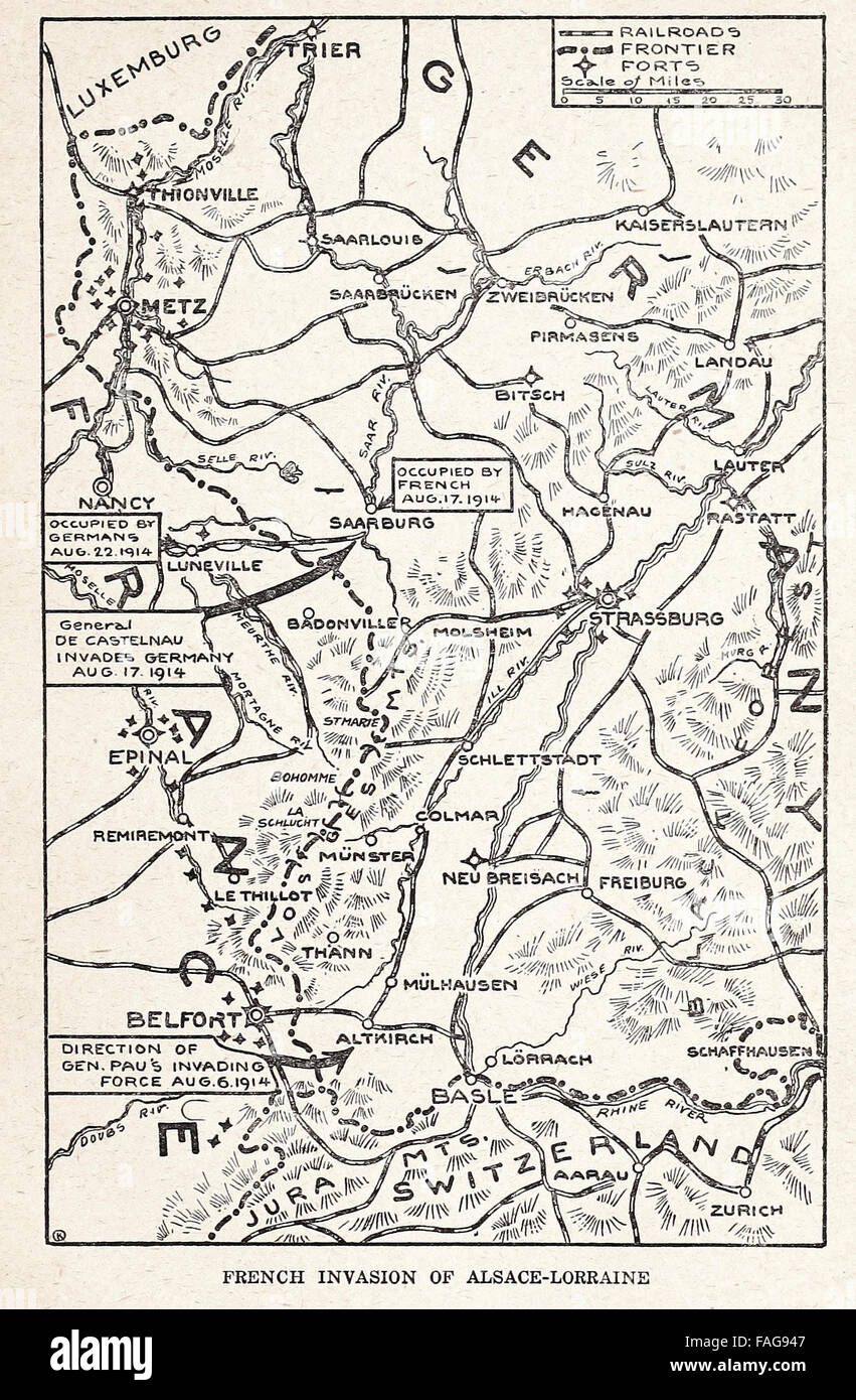Map of French Invasion of Alsace-Lorraine at the start of World War I ...