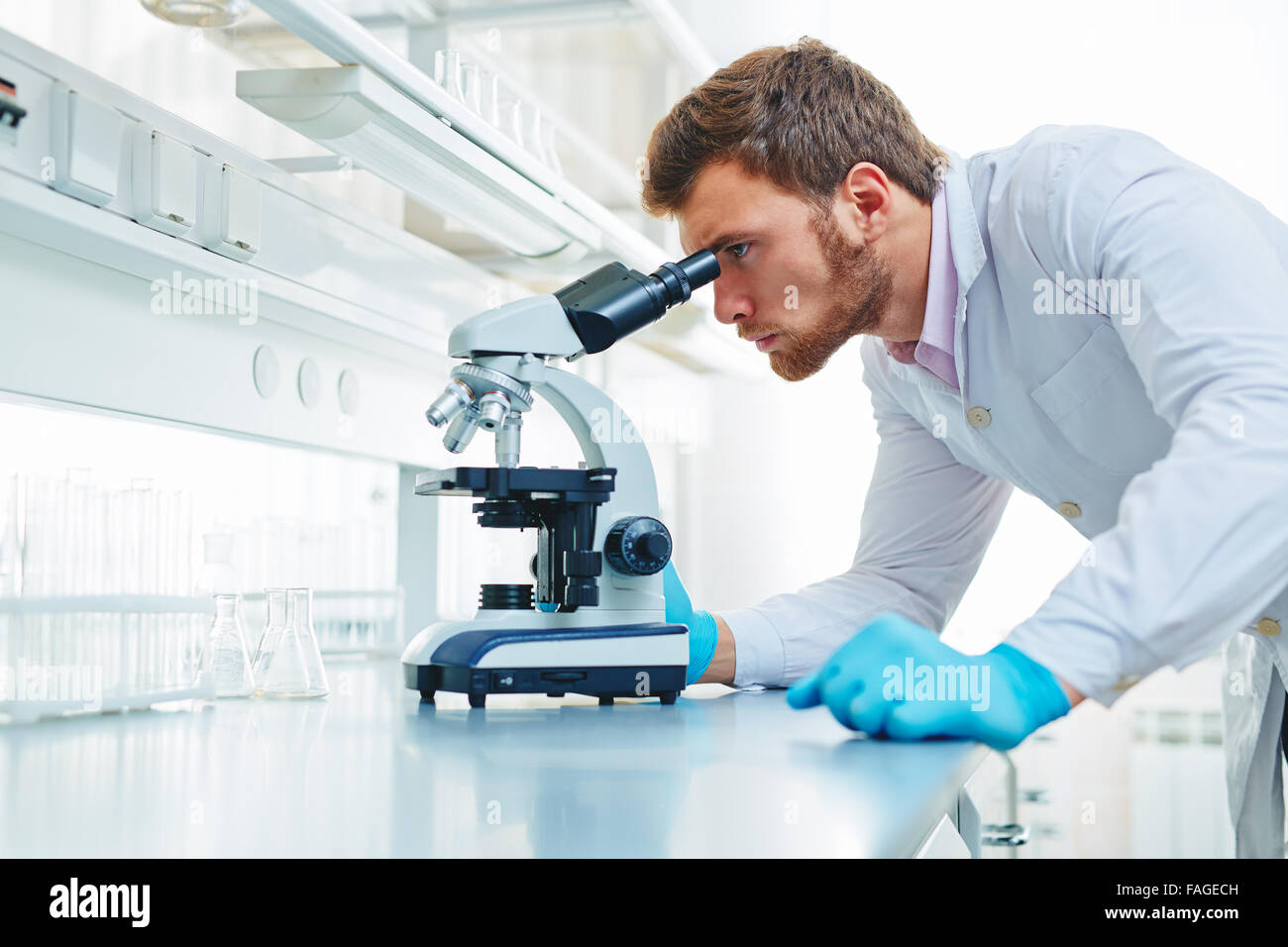 Young man carrying out microbiological investigation in laboratory ...