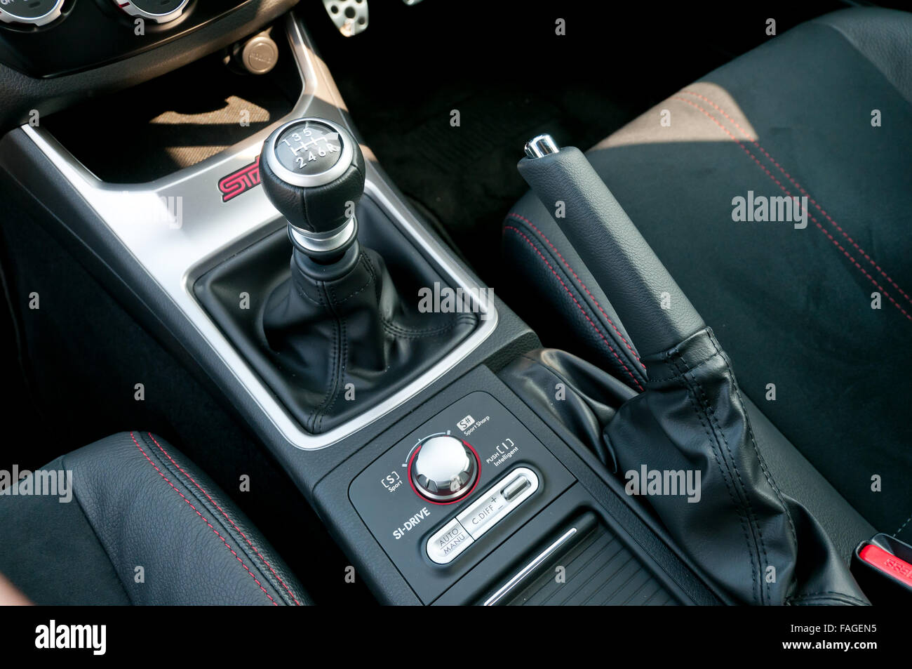 Interior of car, vehicle with visible lever of manual transmission ...