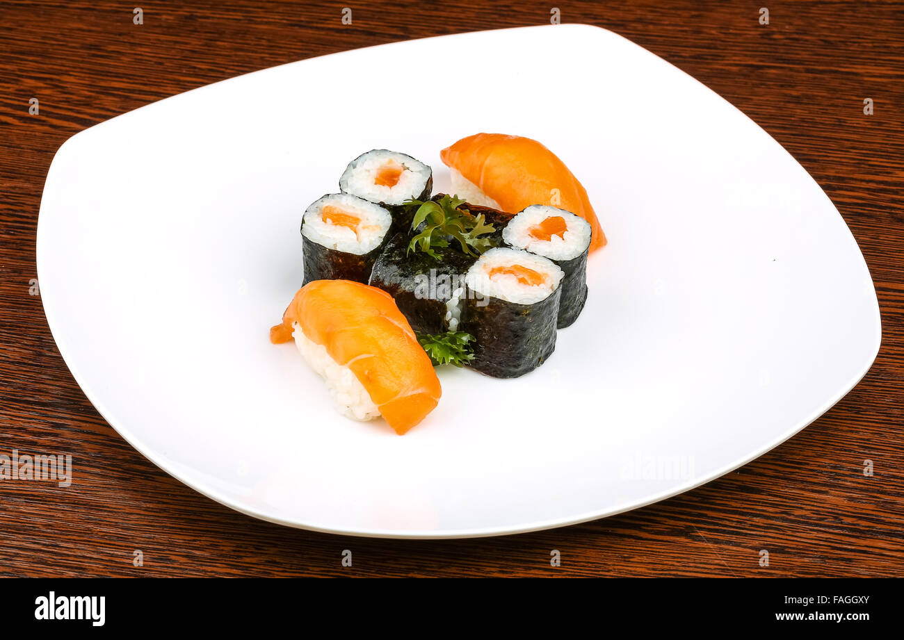 Japan traditional fresh cold salmon sushi and roll Stock Photo - Alamy