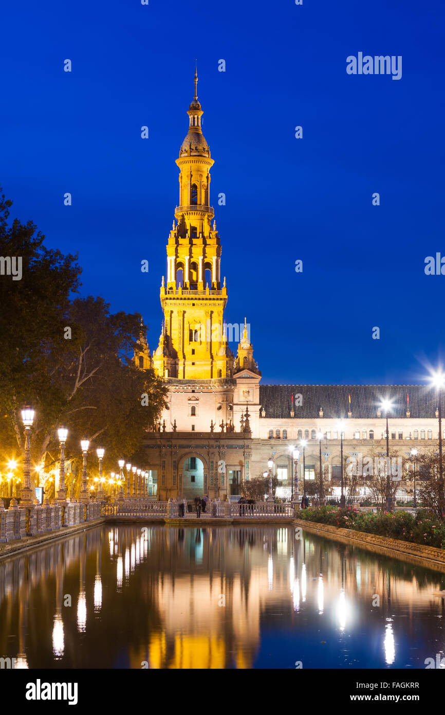 Evening view of Plaza de Espana with tower. Seville, Spain Stock Photo ...