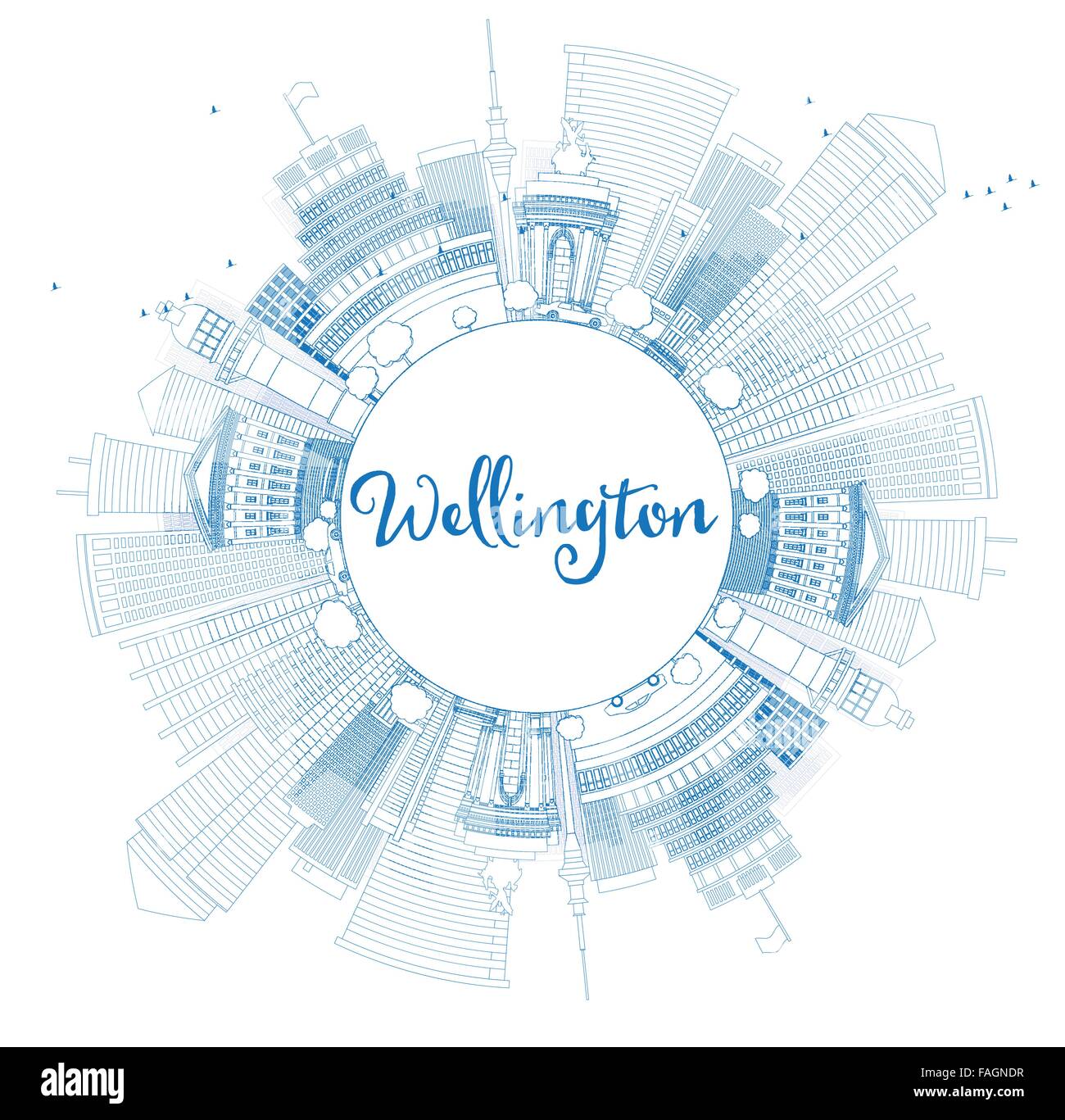 Outline Wellington skyline with blue buildings and copy space. Vector ...