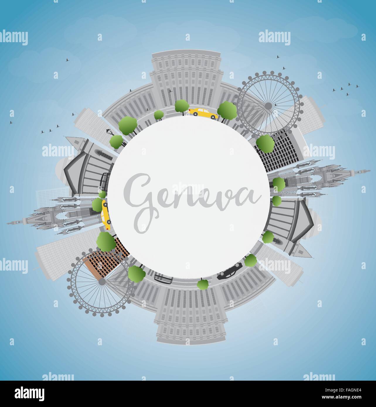 Geneva skyline with grey landmarks, blue sky and copy space. Vector ...