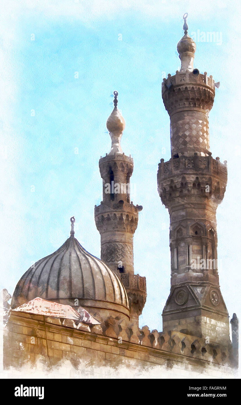Image of Al Azhar mosque in Cairo, Egypt. Watercolour illustration ...