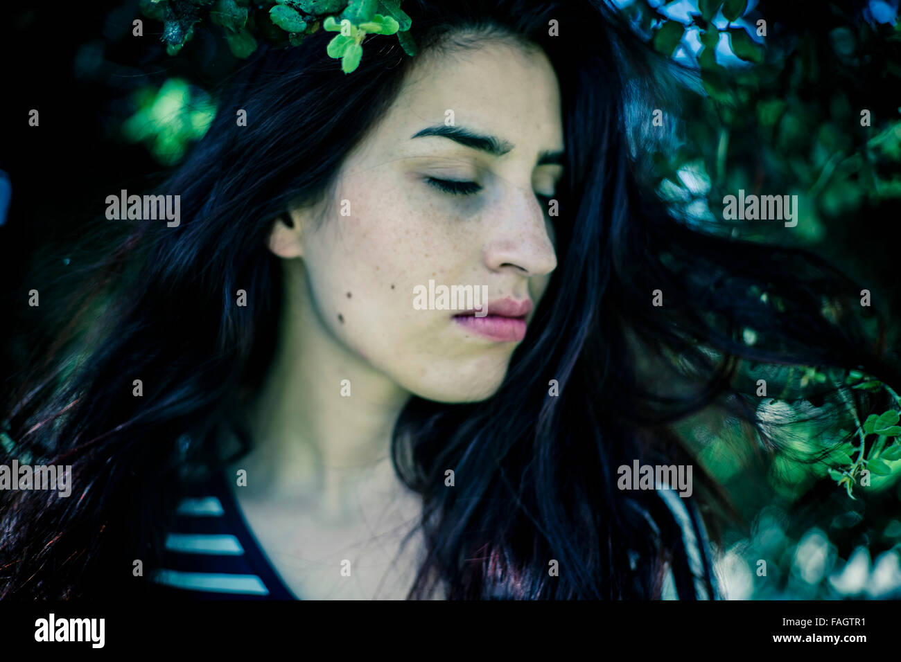 autumn, girl with sad eyes and distressed face outdoor park Stock Photo ...