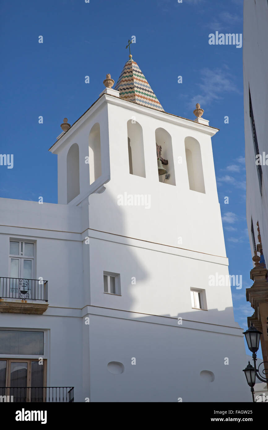 White bell tower of Cadiz cathedral in Spain Stock Photo - Alamy