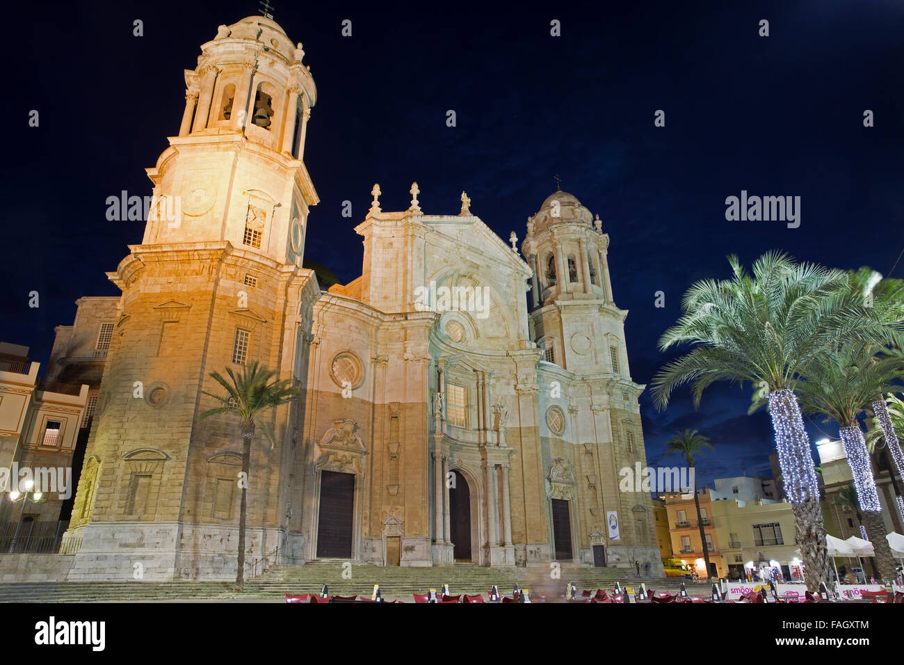 Cadiz Cathedral lit up at night in Spain Stock Photo - Alamy