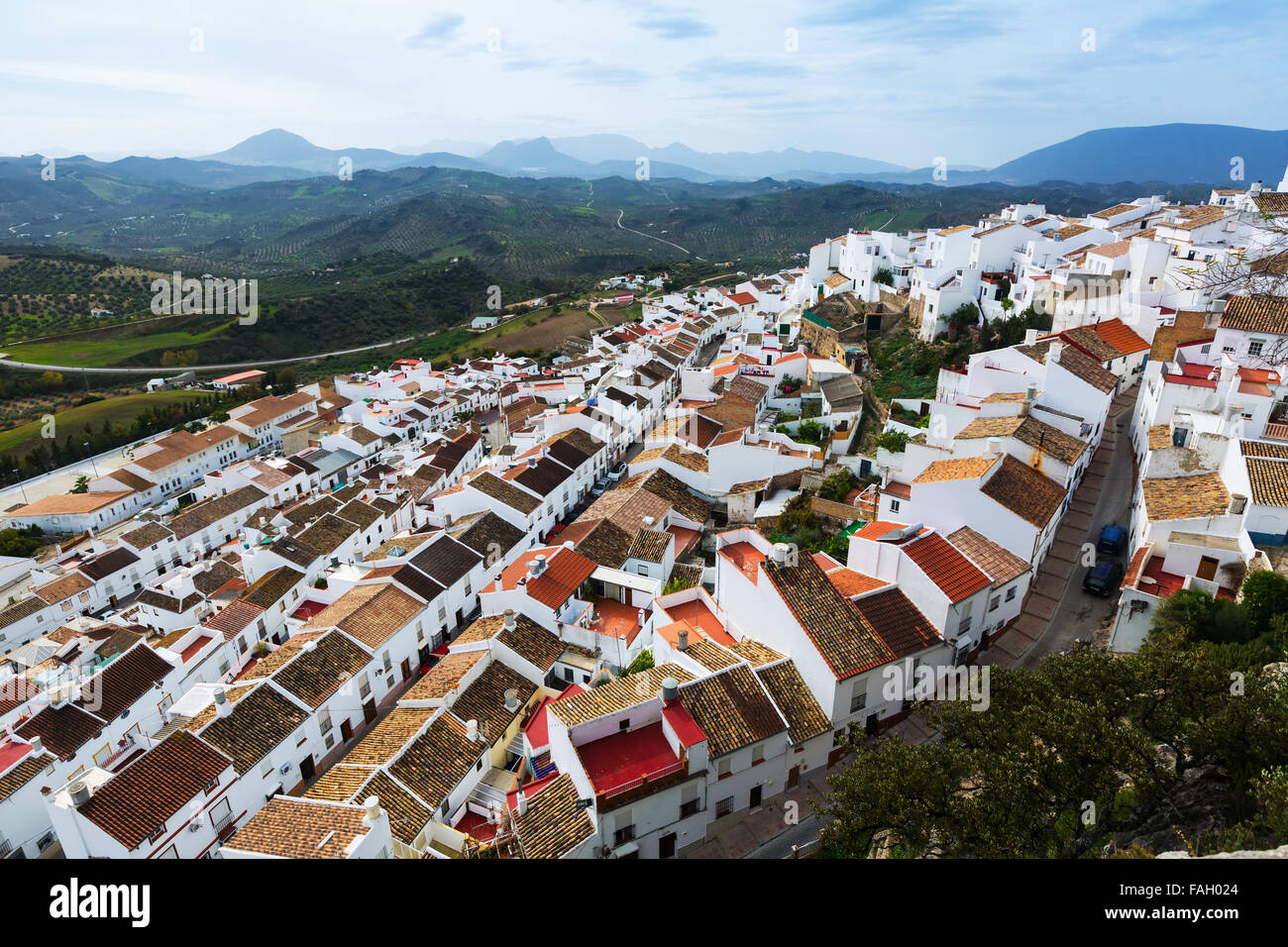 Aerial view of residential districts in andalusian town. Olvera, Spain ...