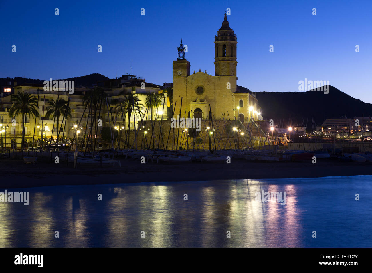 Early morning view of church at seaside. Sitges, Spain Stock Photo - Alamy