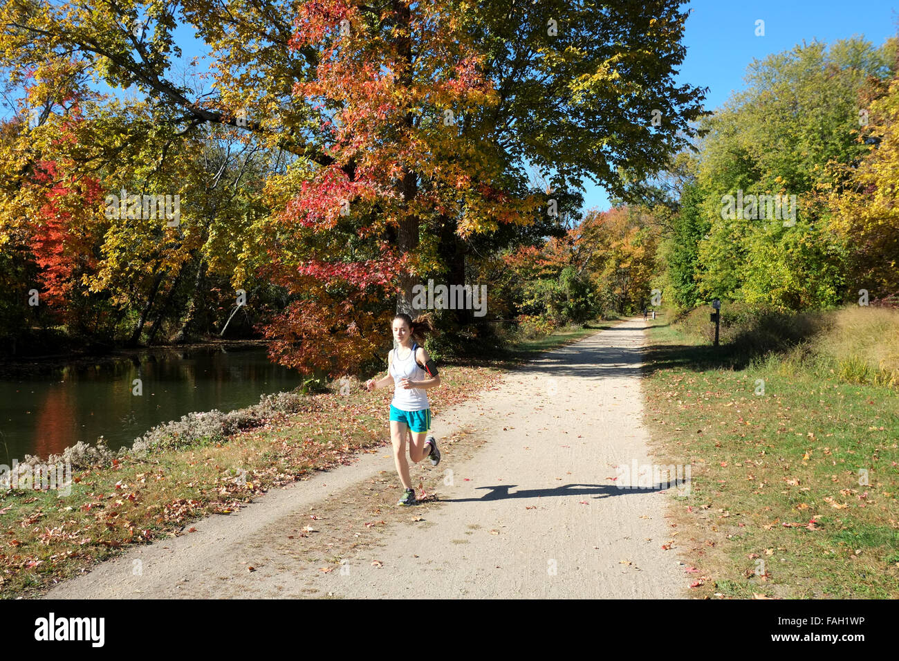 A female jogger running along a canal path surrounded by beautiful ...