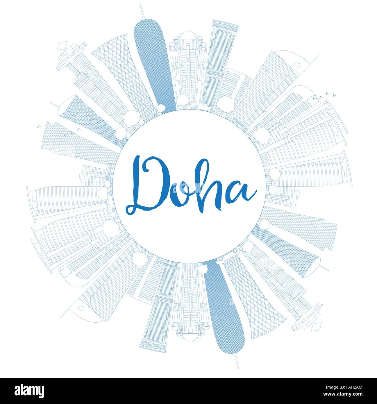 Outline Doha skyline with blue skyscrapers. Vector illustration ...