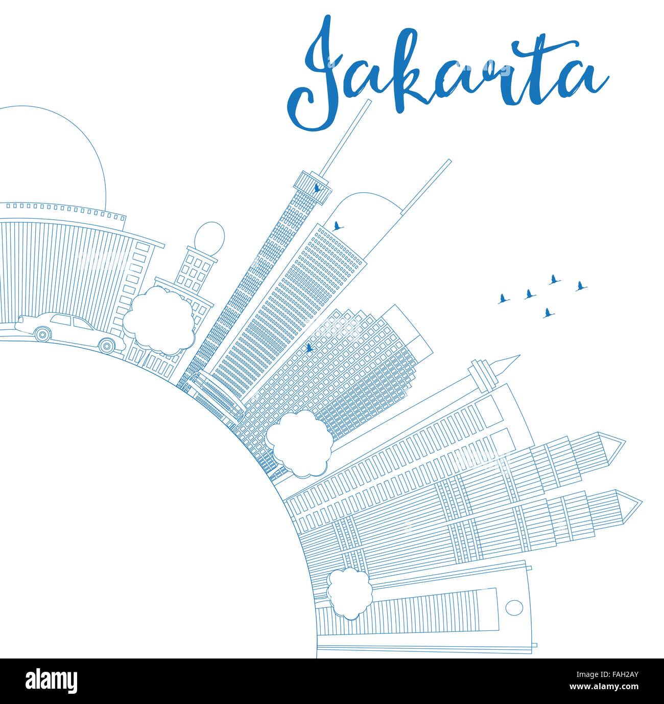 Outline Jakarta skyline with blue landmarks and copy space. Vector ...