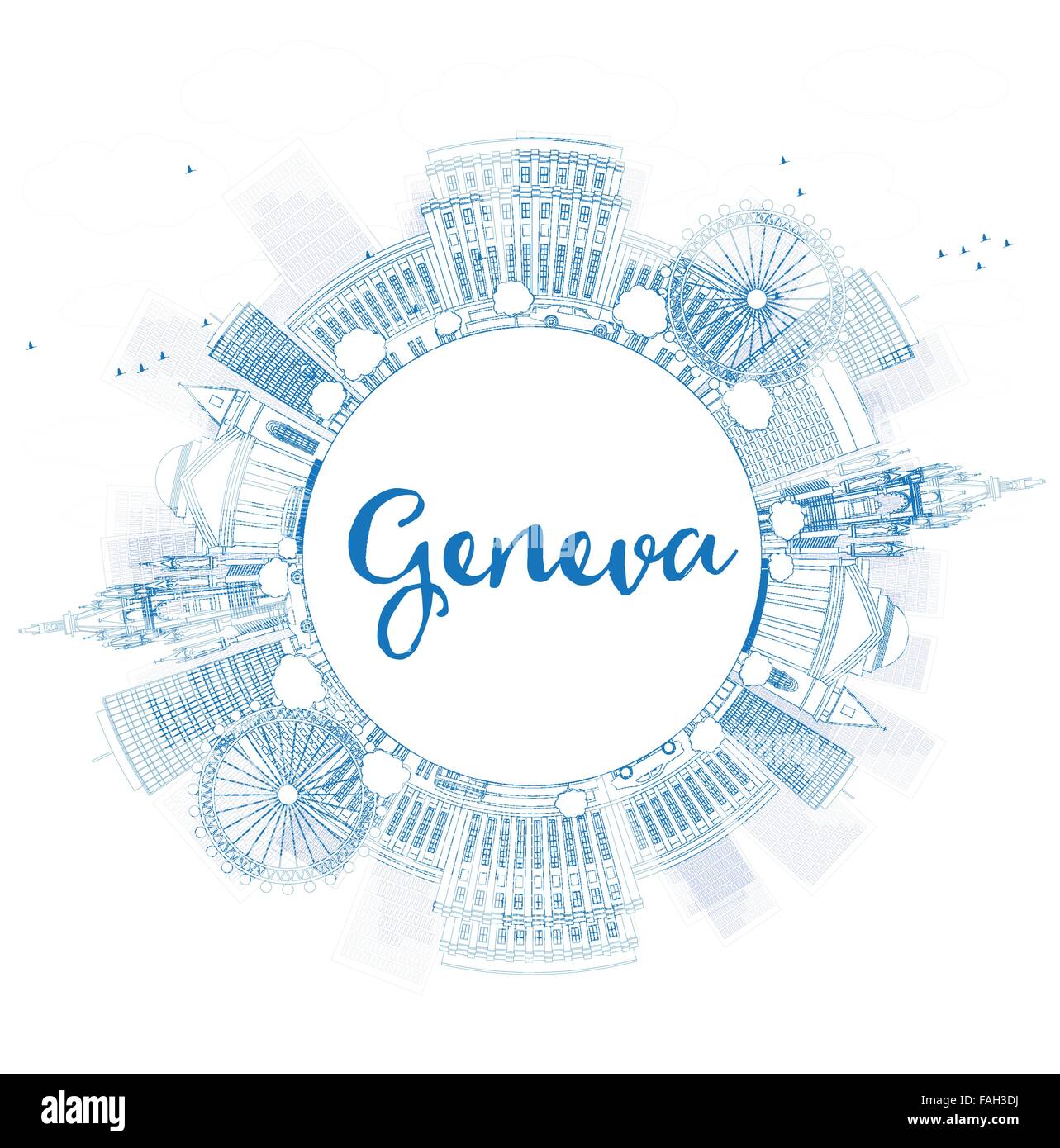 Outline Geneva skyline with blue landmarks and copy space. Vector ...
