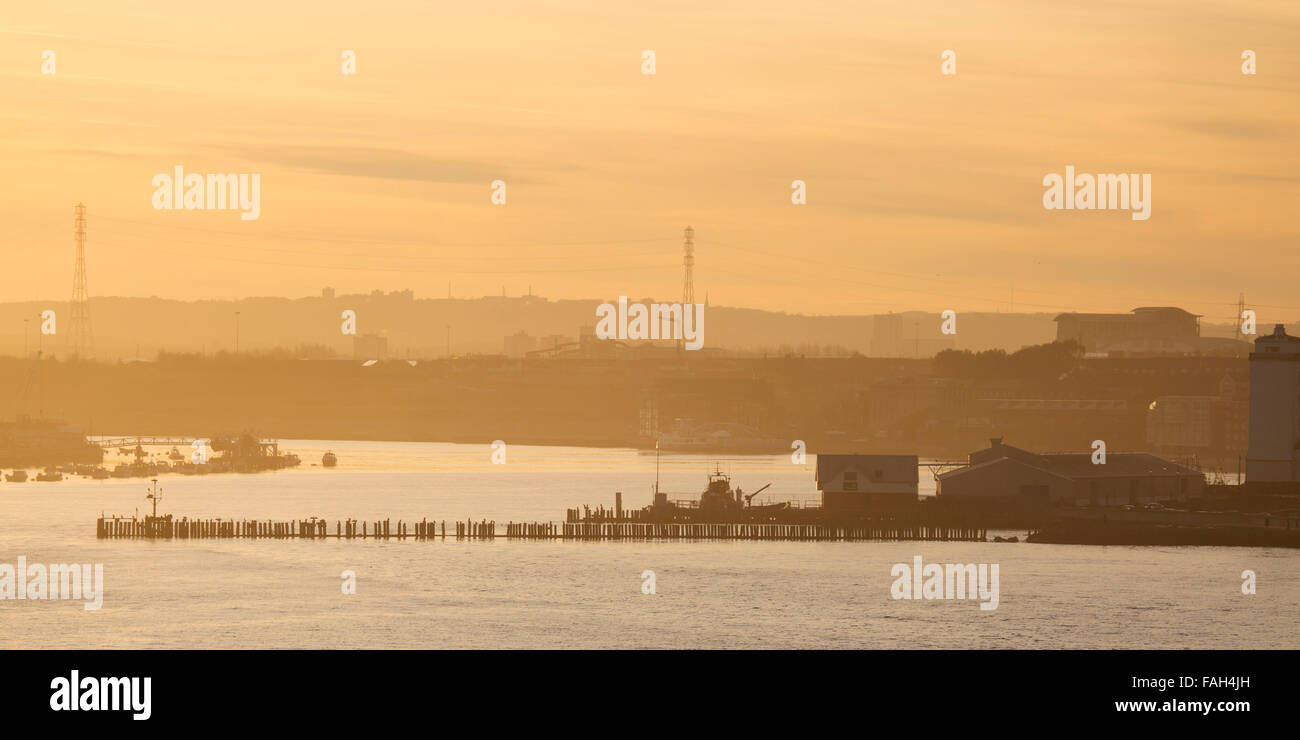Sundown over the River Tyne and the town of North Shields, England. The ...