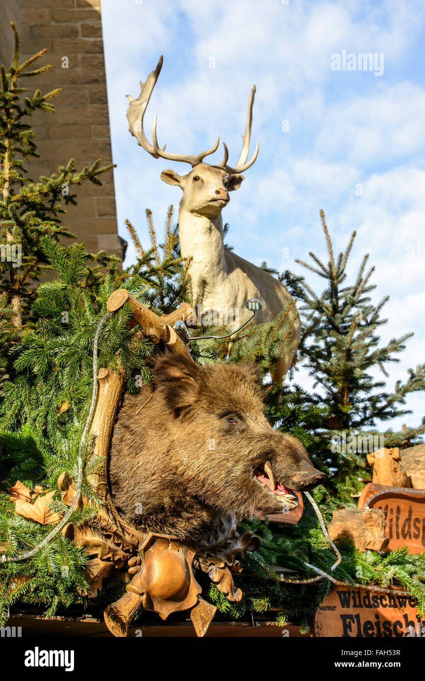 boar and deer on stall roof at Xmas market, Stuttgart Stock Photo - Alamy
