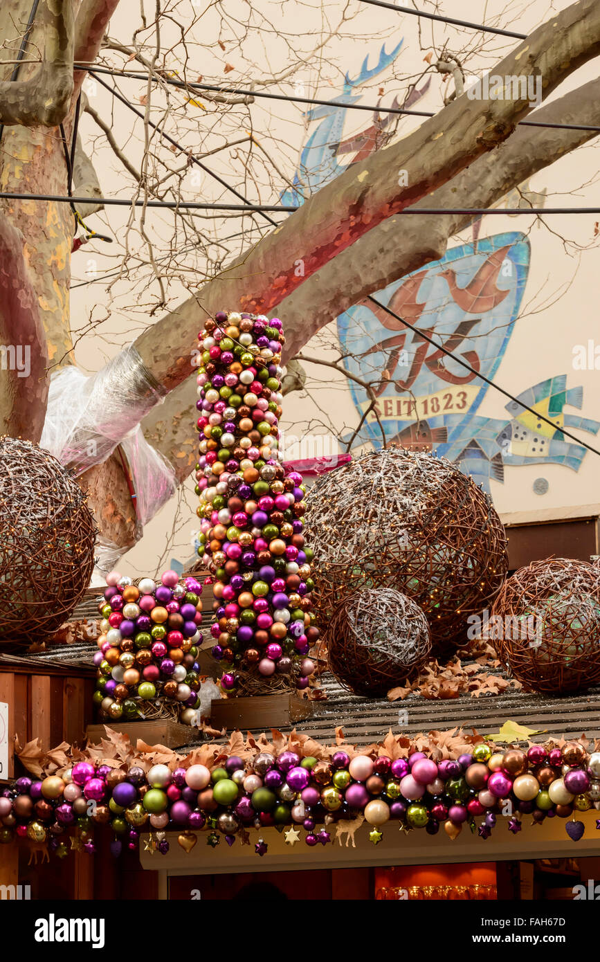 stall roof decorated with colorful glass balls at Xmas market time ...