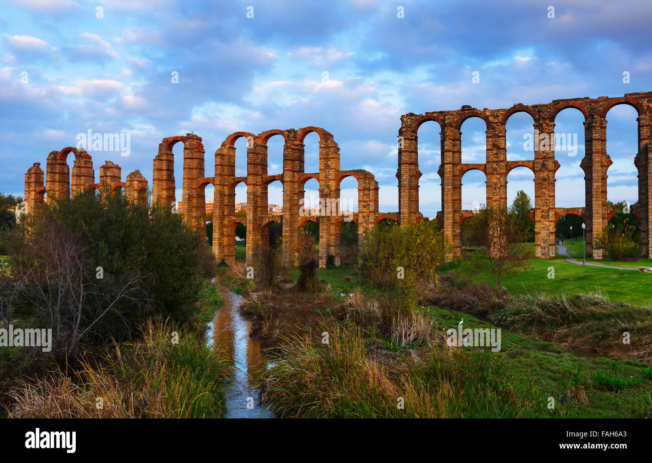 Evening dusk view of Acueducto de los Milagros - Roman aqueduct. Merida ...
