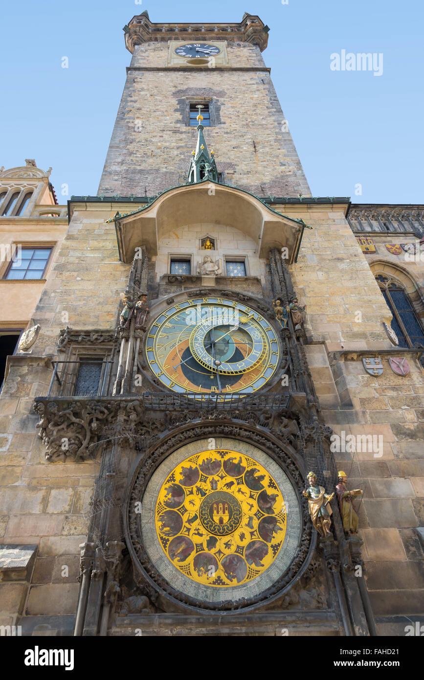 Detail view of astronomical clock tower in Prague's Old Town Square ...