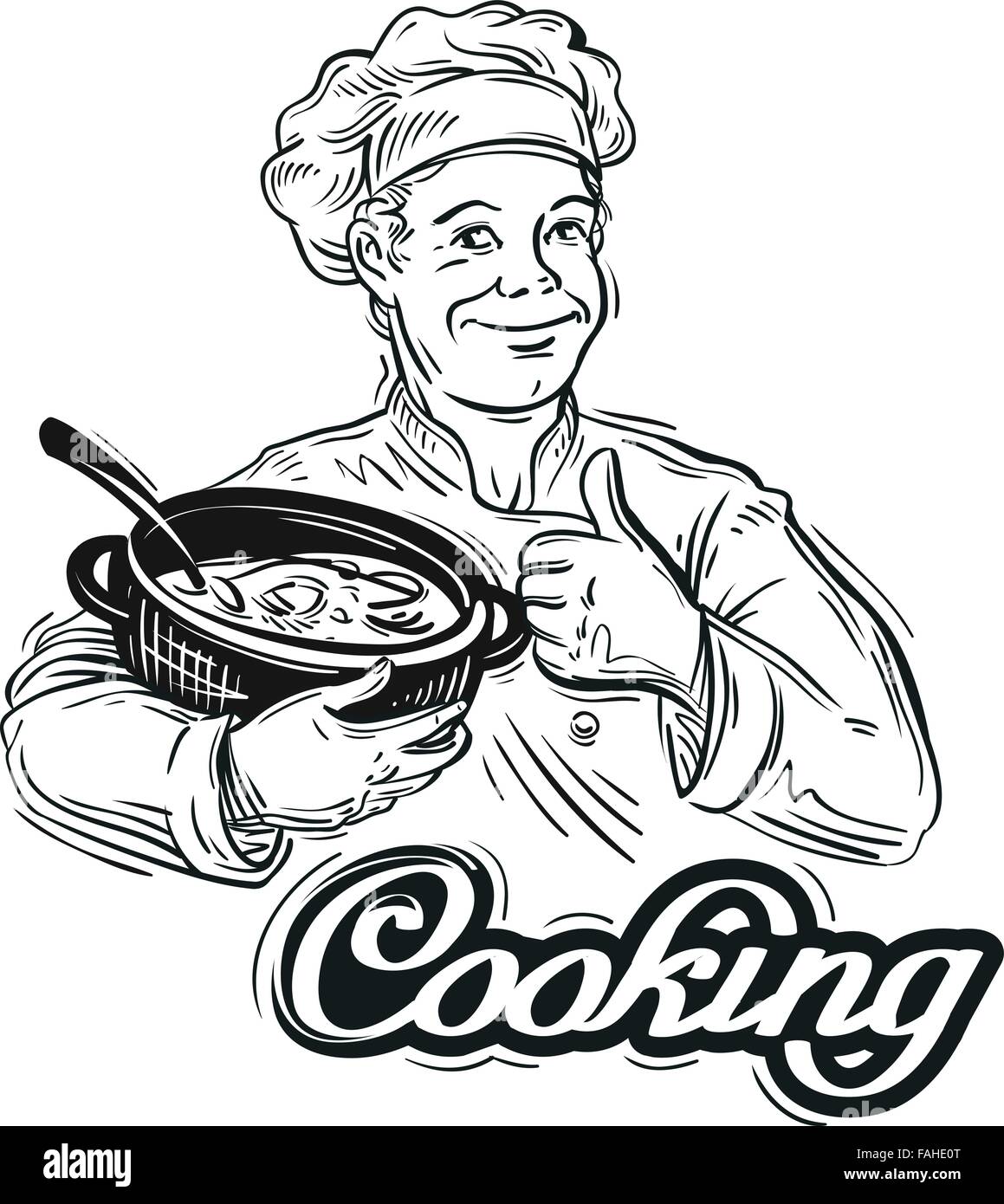 hand-drawn chef with a pot in hand on a white background. vector ...