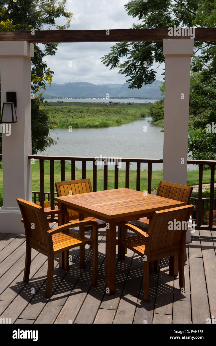 A table overlooks Inle Lake in Myanmar (Burma). It is at the Refectory ...