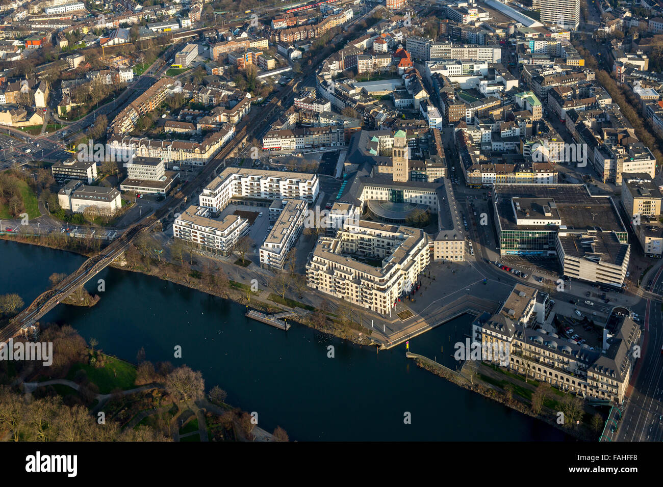 Aerial view, Ruhrbania, Ruhr, Mulheim town center with its Town Hall ...