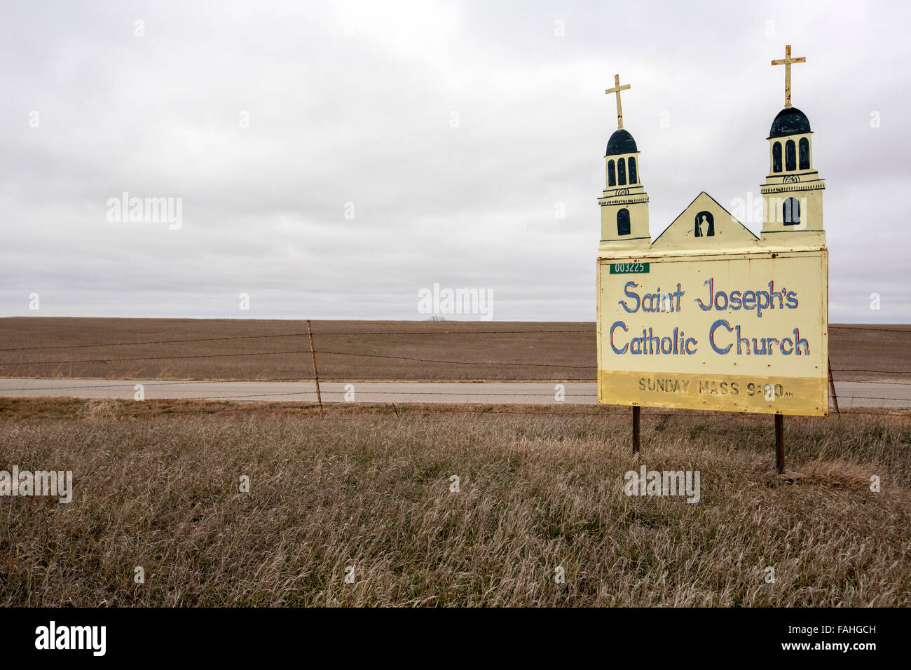Damar, Kansas - A sign for St. Joseph's Catholic Church on the prairie ...