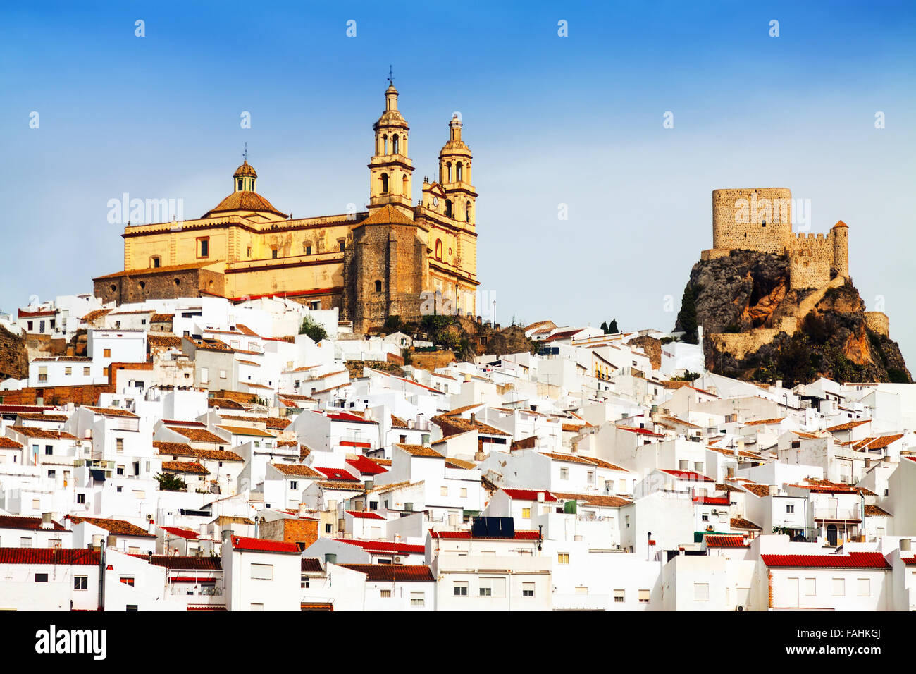 View of town with church and castle. Olvera, Spain Stock Photo - Alamy