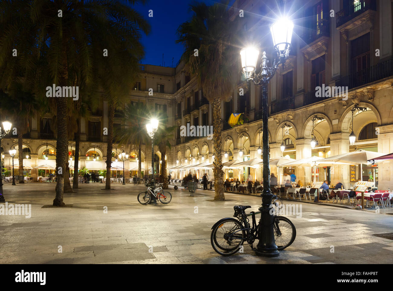 restaurants at Placa Reial in winter night. Barcelona, Spain Stock ...