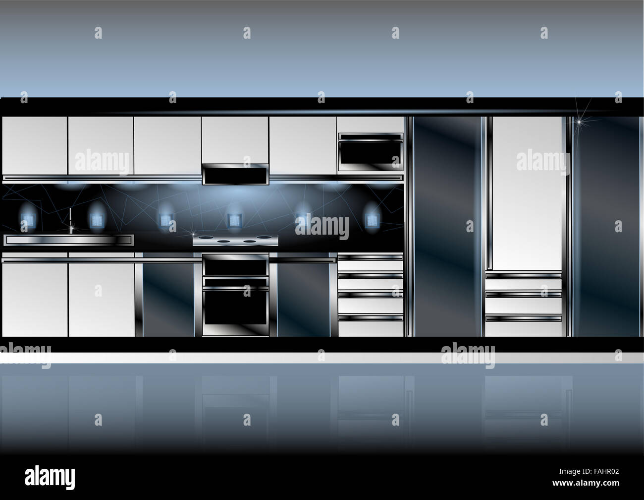 white kitchen in high-tech style interior with light and shadow Stock ...