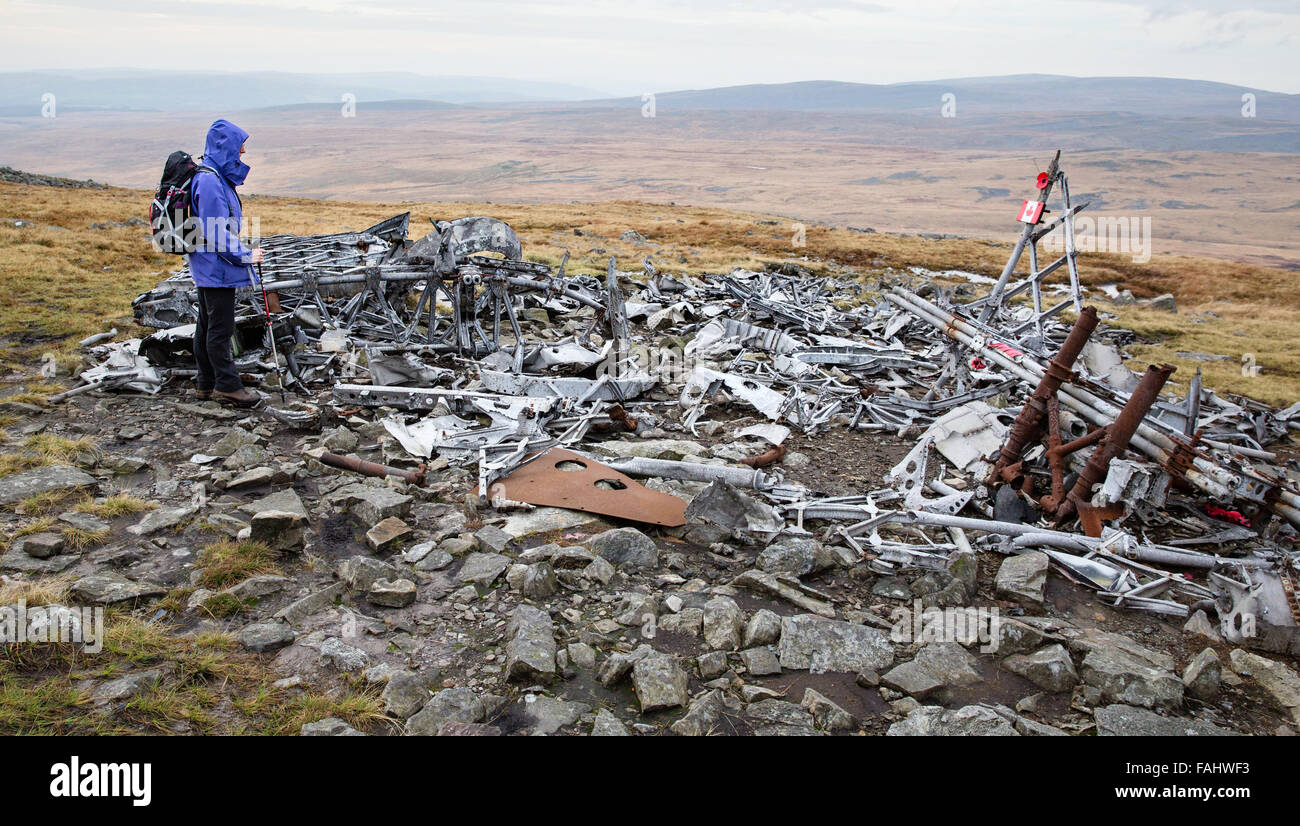 Hiker viewing wreckage of Canadian Air Force crash of Wellington Bomber ...