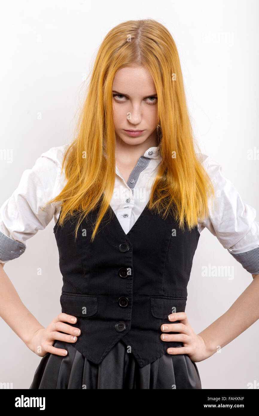 sad serious girl on white background Stock Photo - Alamy
