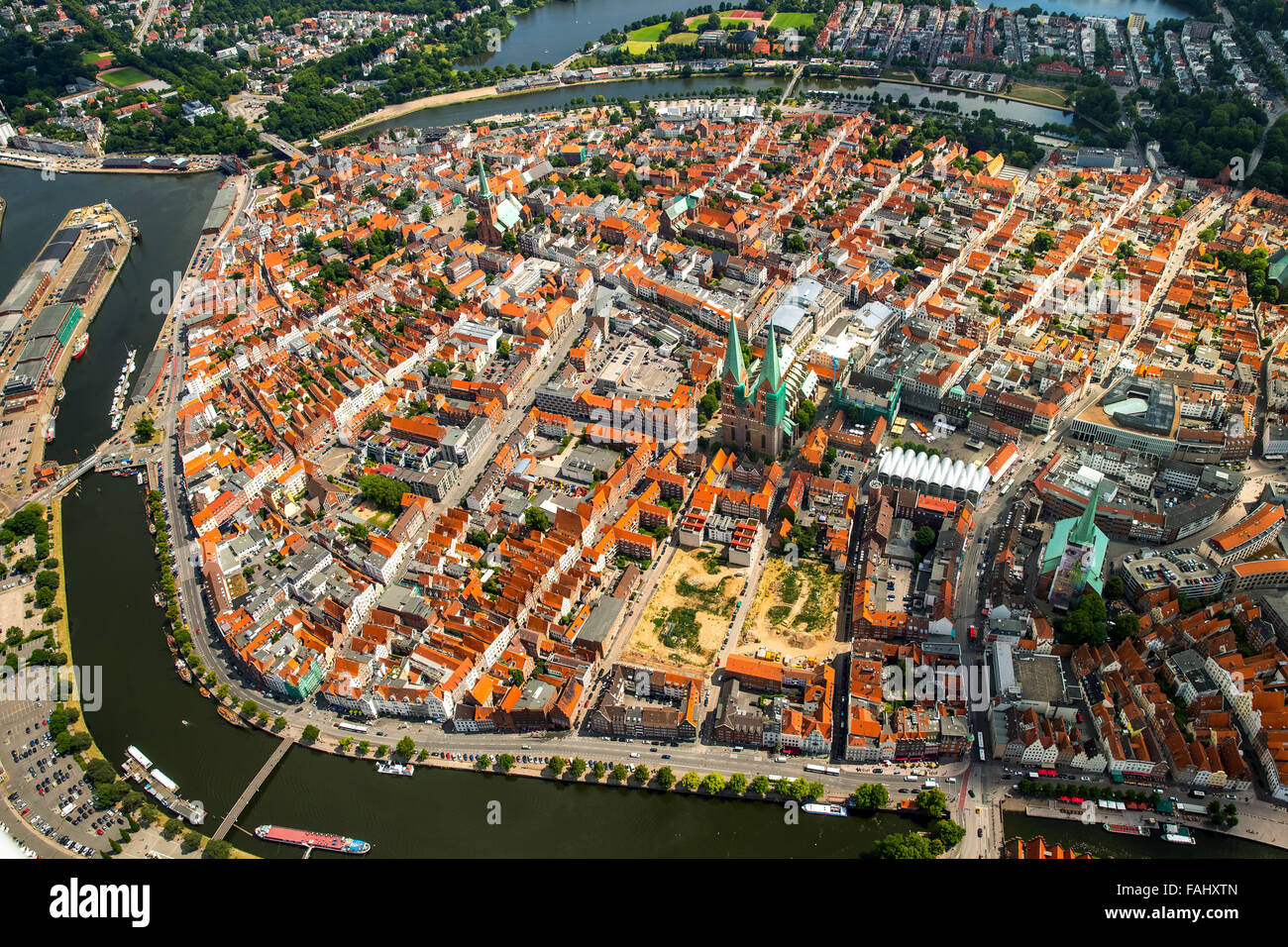 Aerial view, old town of Lübeck with Trave and Obertrave, Lübeck ...