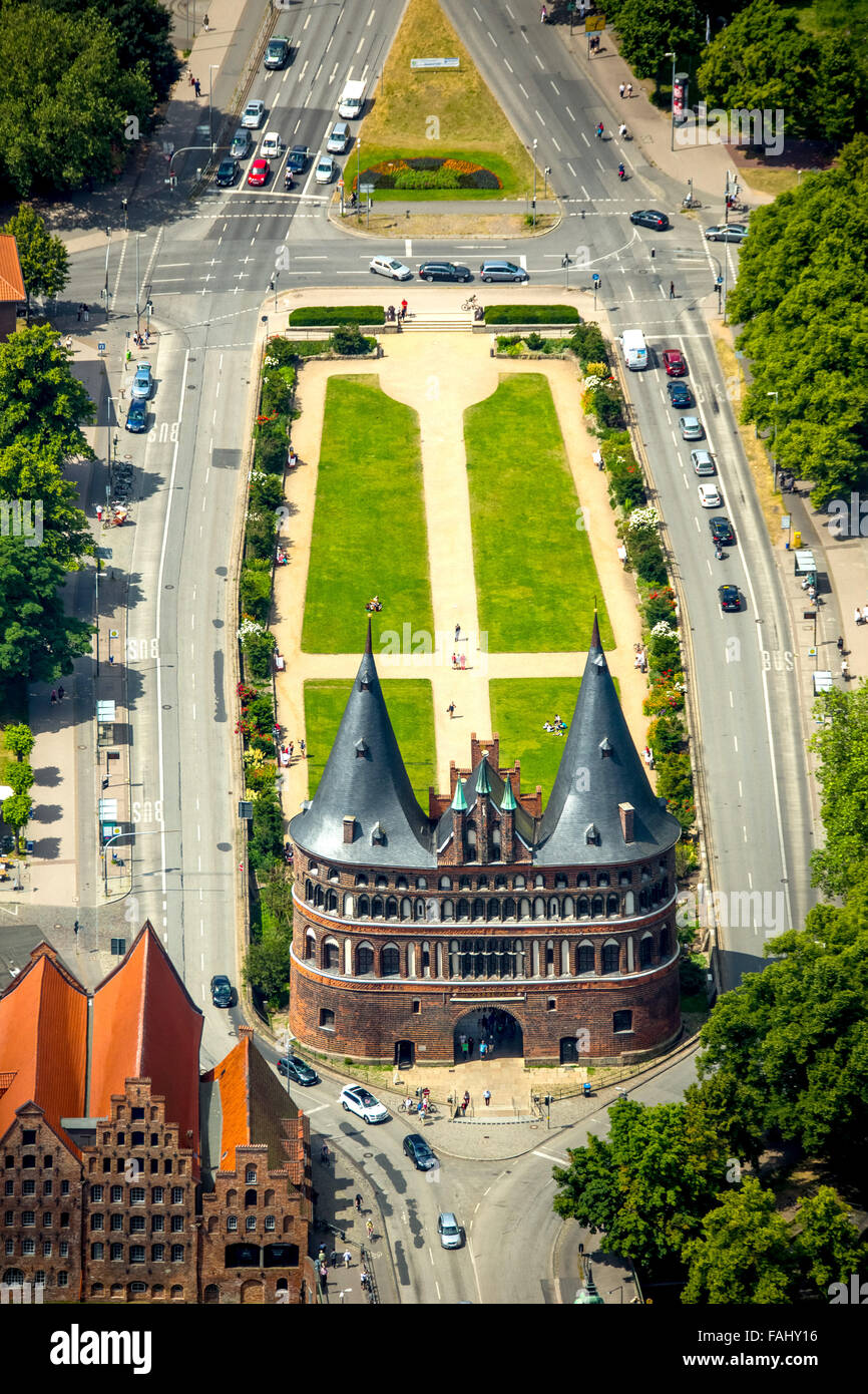 Aerial view, Holsten, Holsten, late Gothic city gate, landmark of ...