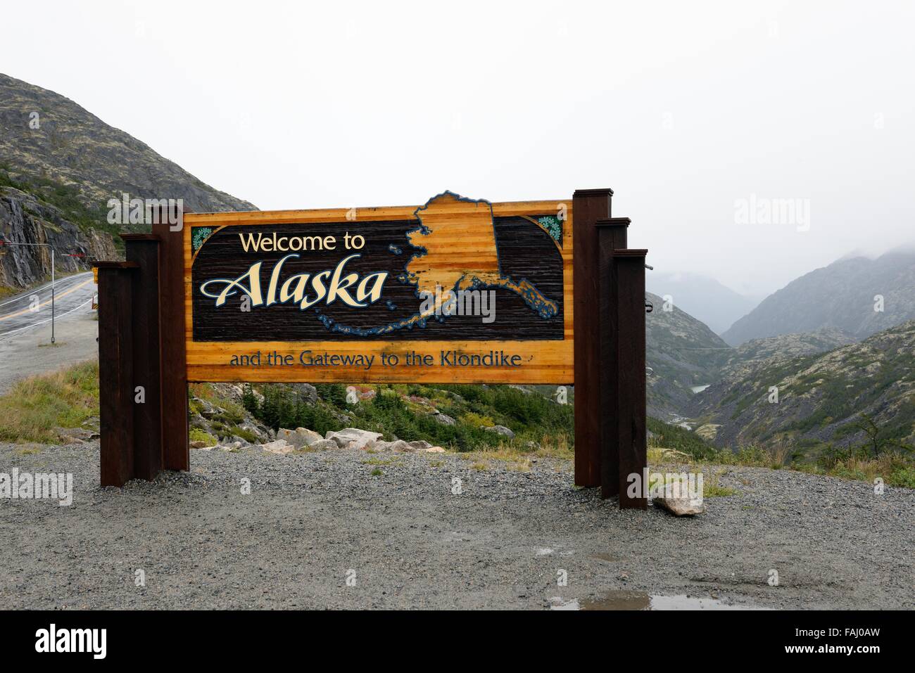 Welcome to Alaska and gateway to the Klondike sign on Klondike highway ...