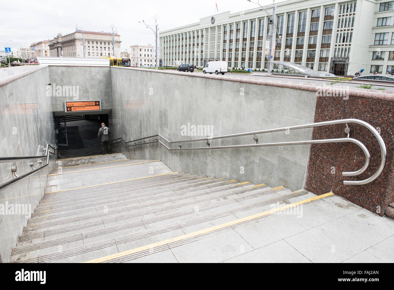 Entrance staircase to the Minsk Metro Station subway locted on ...
