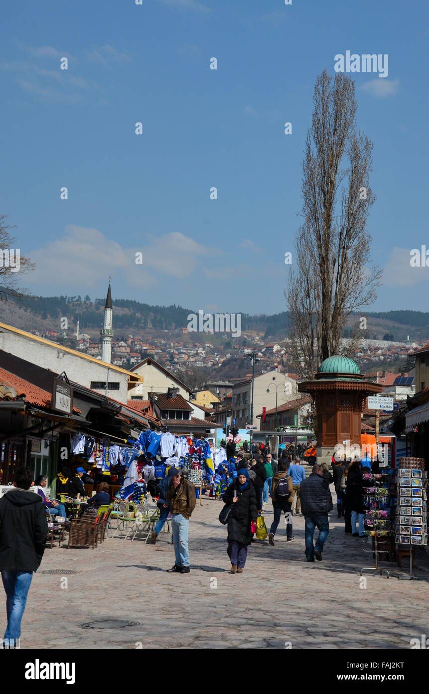 Sebilj fountain and visitors throng Bascarsija bazaar Sarajevo Bosnia ...