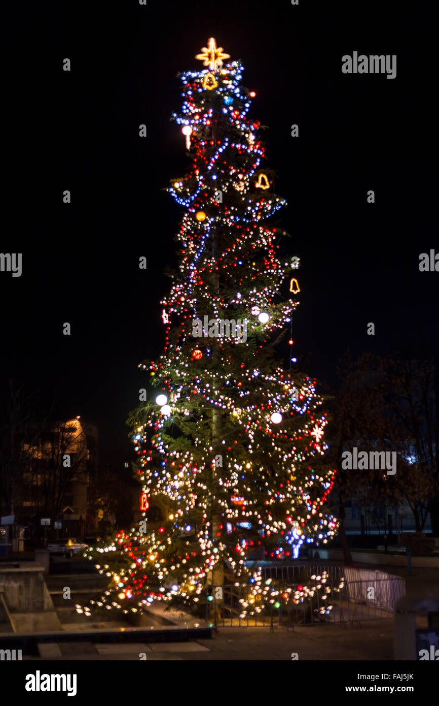 Big decorated Christmas tree in Pazardzhik, Bulgaria Stock Photo - Alamy