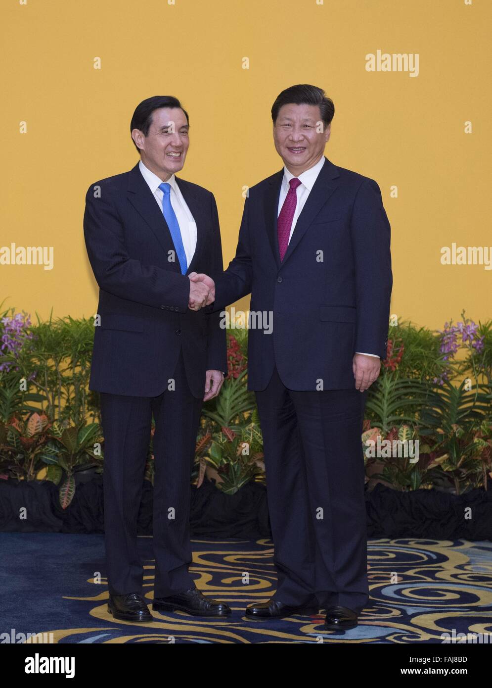 Beijing, China. 7th Nov, 2015. Xi Jinping (R) shakes hands with Ma Ying ...