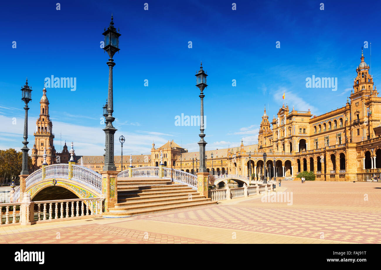 Day sunny view of Plaza de Espana with bridges. Seville, Spain Stock ...