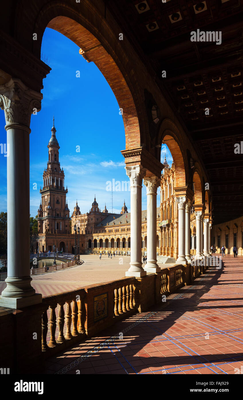 colonnade of central building Plaza de Espana in sunny day. Seville ...