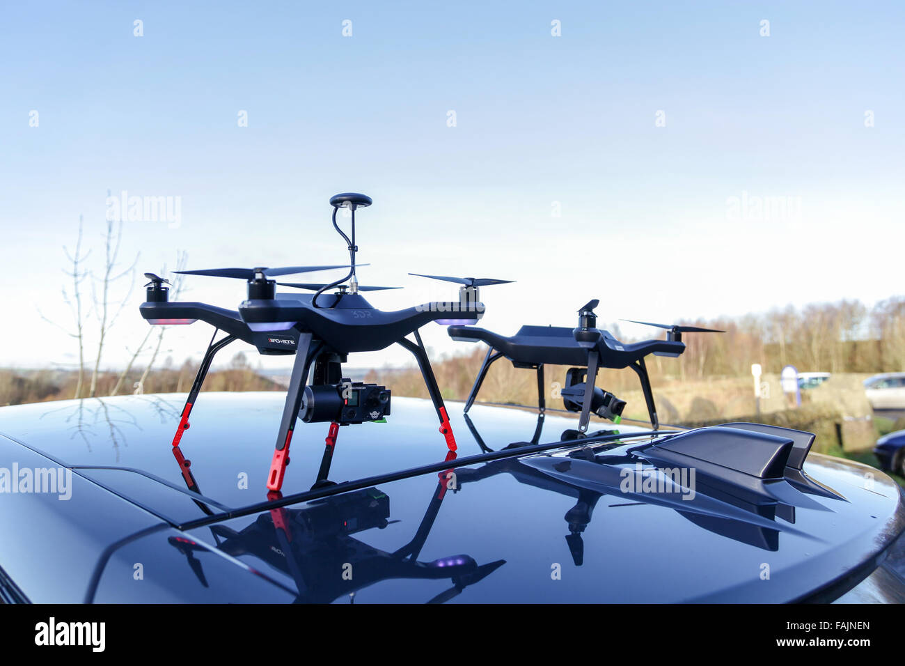 Drones ready to be deployed from the roof of a parked car Stock Photo ...