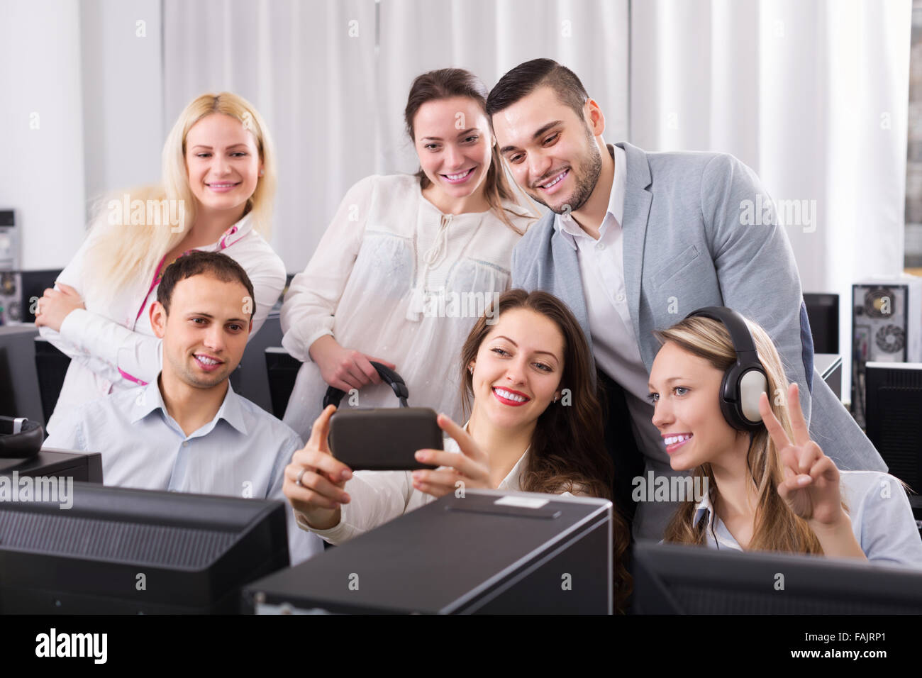 Friendly happy coworkers taking mutual photo at office Stock Photo - Alamy
