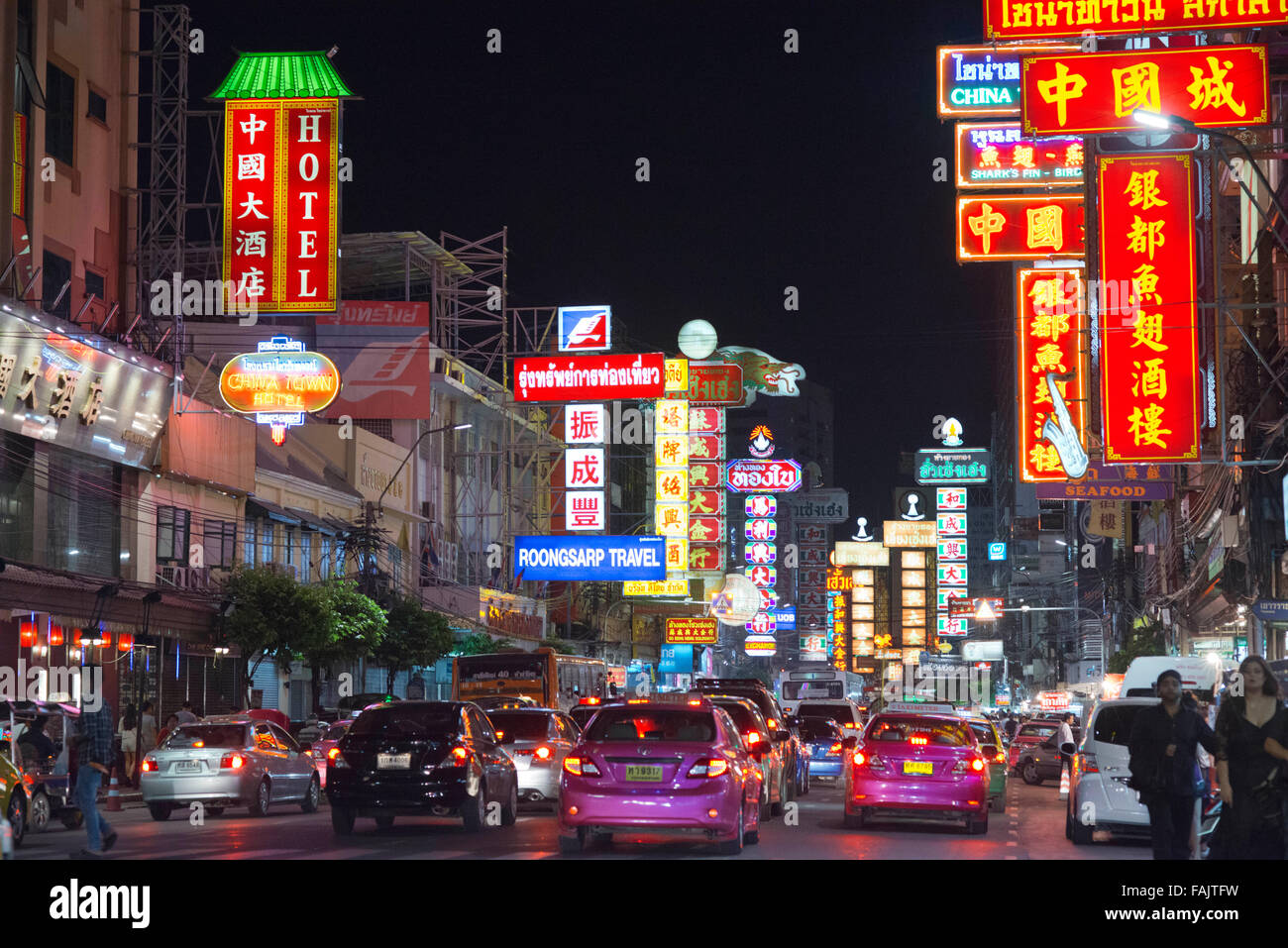 Thanon Yaowarat road at night in central Chinatown district of Bangkok Thailand. Yaowarat and ...