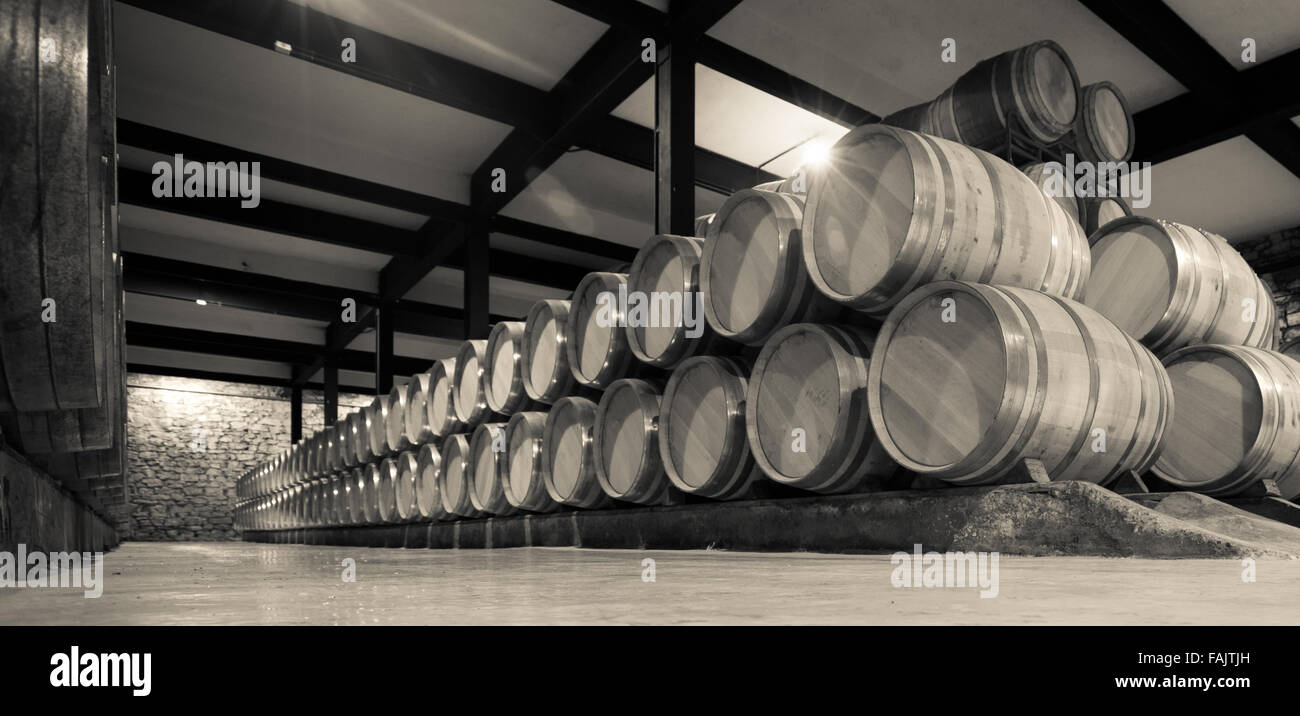 Aged photo of many barrels in wine cellar Stock Photo - Alamy