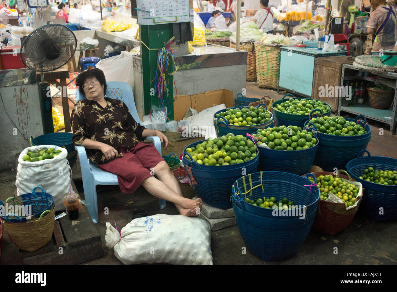 Woman fruit seller sleeping. Agricultural Product Central Market Wang ...