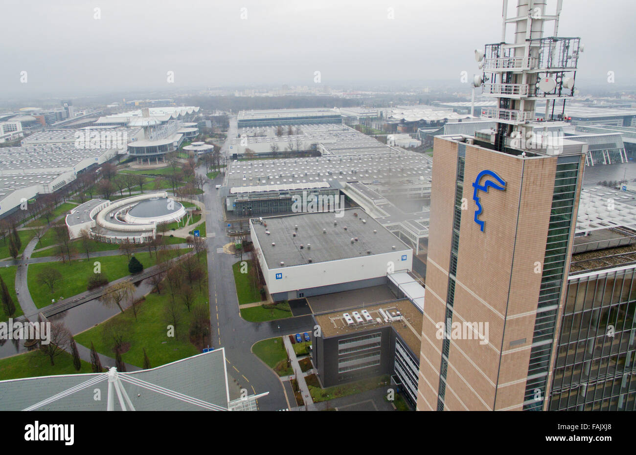 A aerial view taken by a drone shows the Exhibition Grounds in Hannover ...
