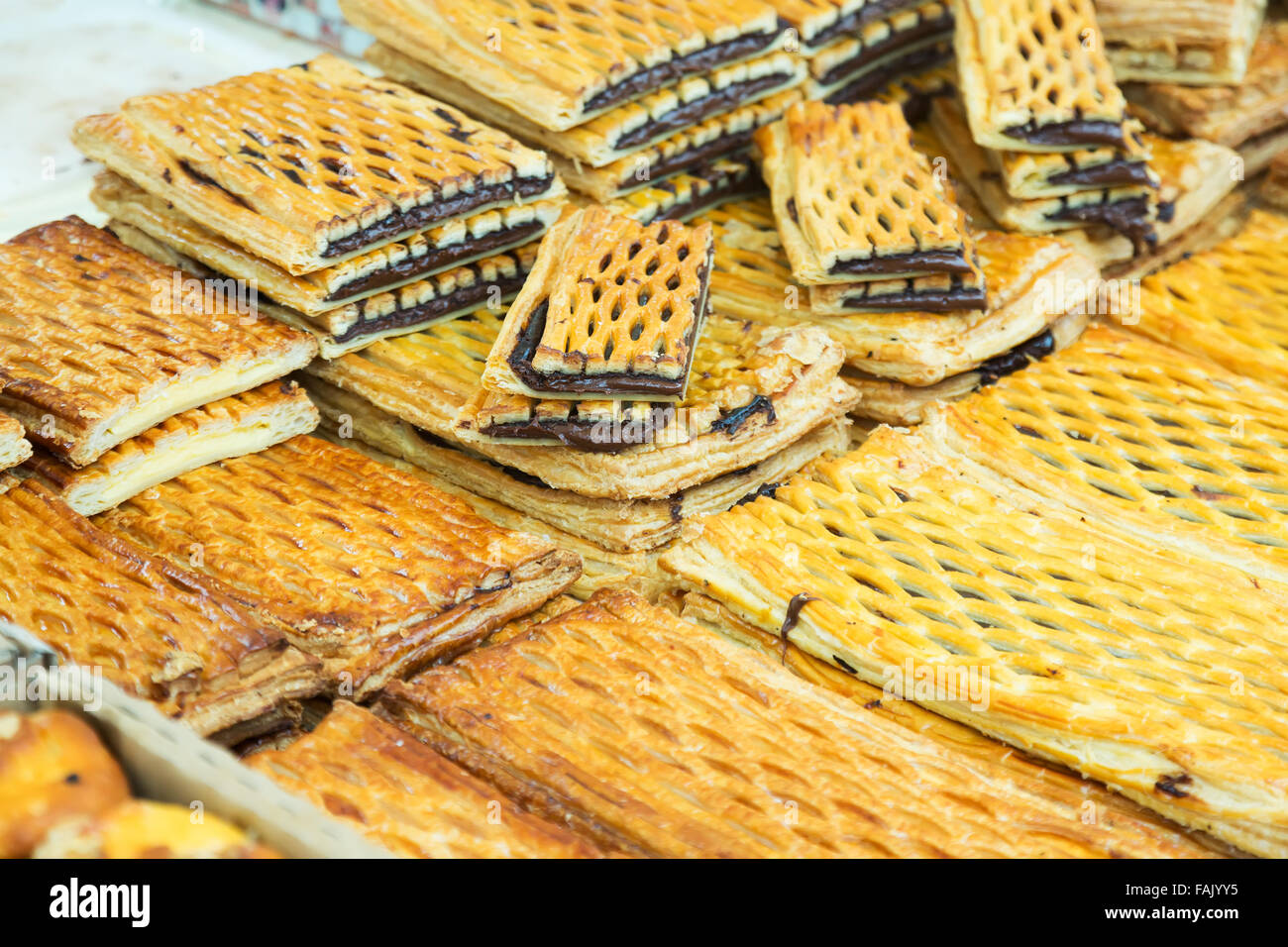Market counter with coca - is pastry typically made in Catalonia, Spain ...