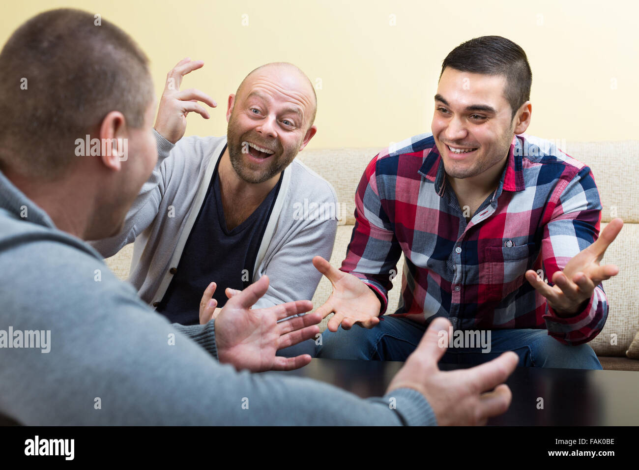 Three smiling male friends having positive conversation at home Stock ...
