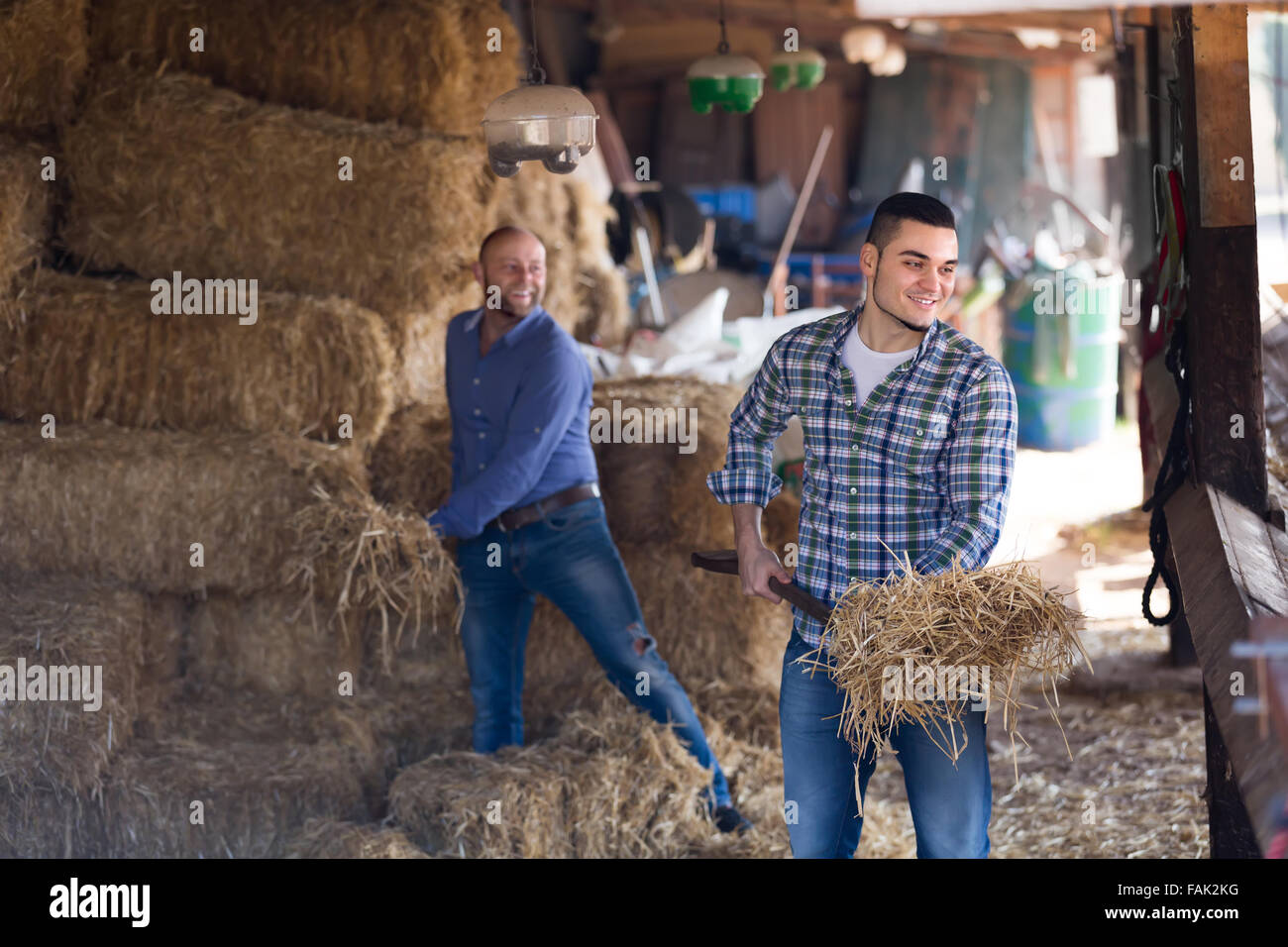 Portrait of two smiling male farmers with working tools in barn Stock ...